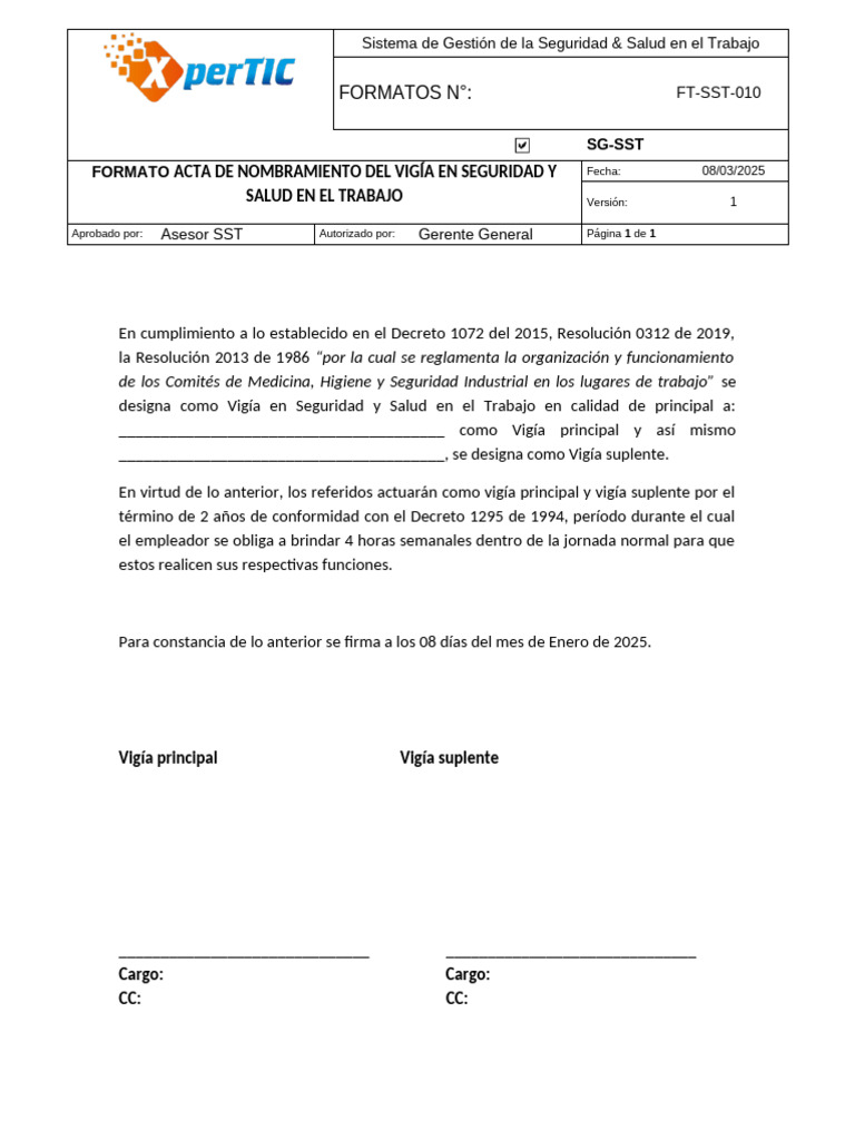 Formato acta de nombramiento del vigía en seguridad y salud en el trabajo | PDF