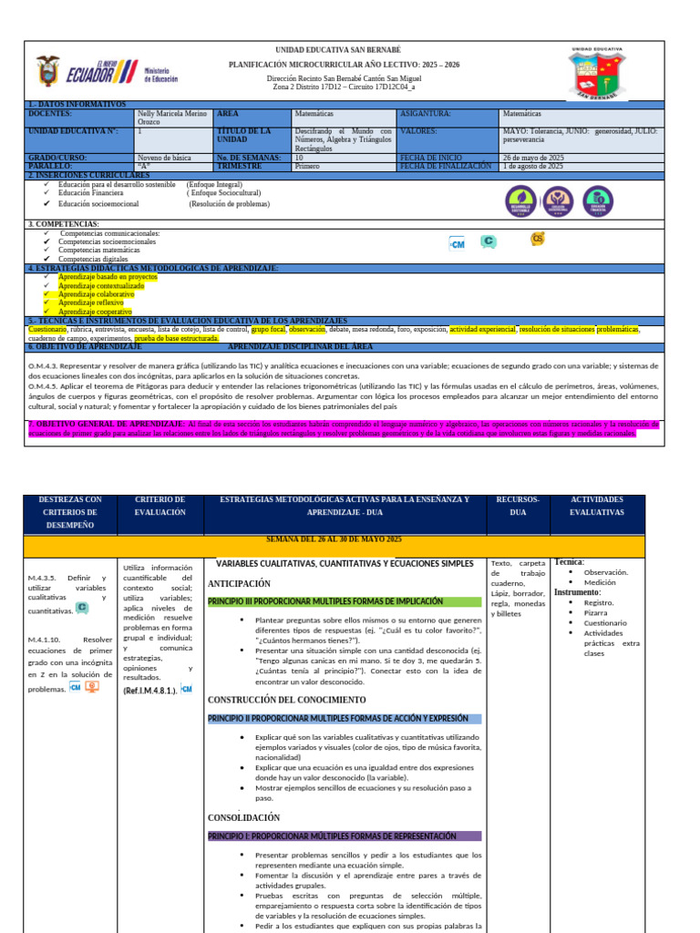 9no - Mate - Primer Trimestre - 2025 | PDF | Ecuaciones | Aprendizaje