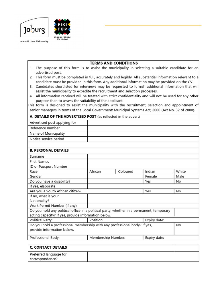 Application Form For Pikitup 2024 | PDF | Recruitment | Justice