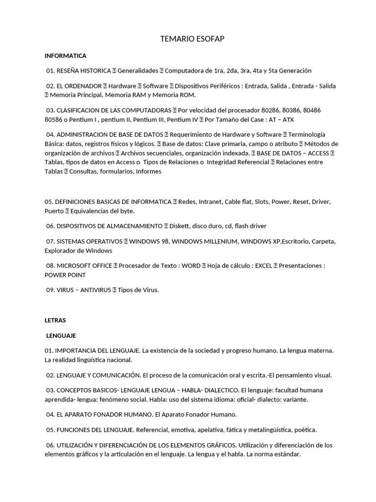 Temario ESOFAP 2025: Informática y Lenguaje | PDF | Imperio Inca ...