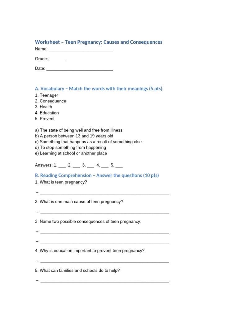 Teen Pregnancy Worksheet | PDF