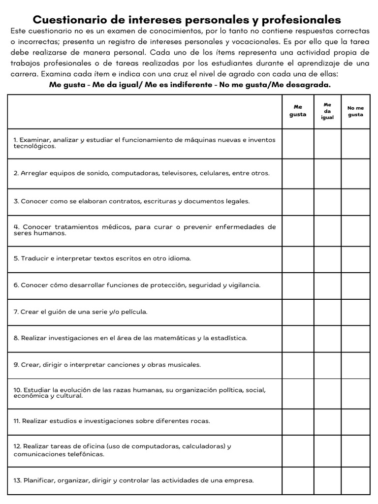 Cuestionario de Intereses Profesionales | PDF | Comunicación | Científico