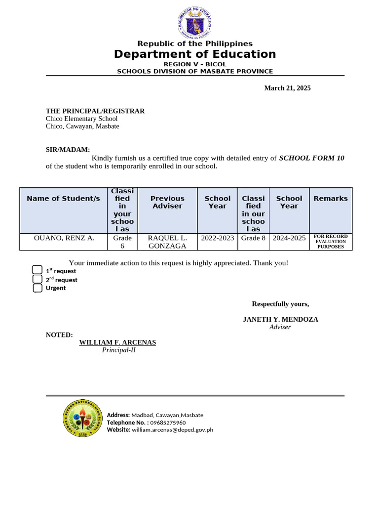 Request for Student School Form 10 | PDF