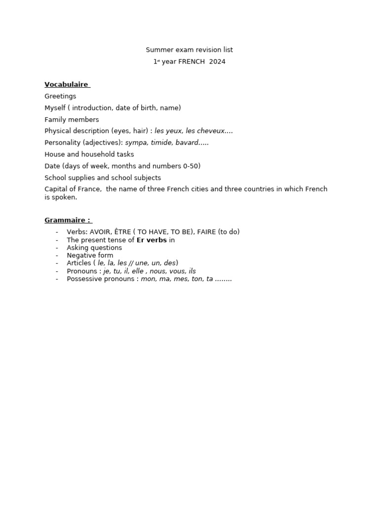 1rst Year Revision Summer Exam 2 | PDF