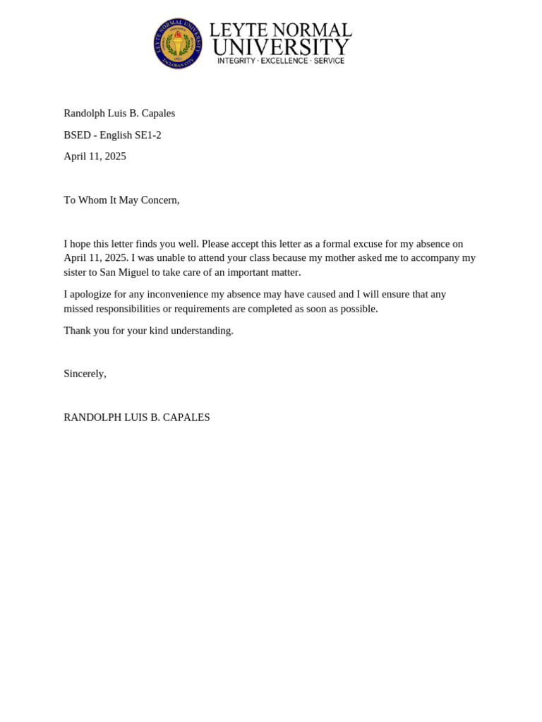 Absence Excuse Letter for Class | PDF