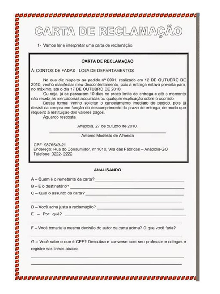 Atividades de Carta de Reclamação Escolar | PDF