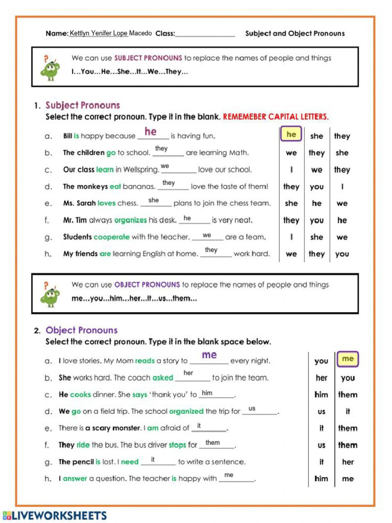 Subject and Object Pronouns Online Worksheet | PDF