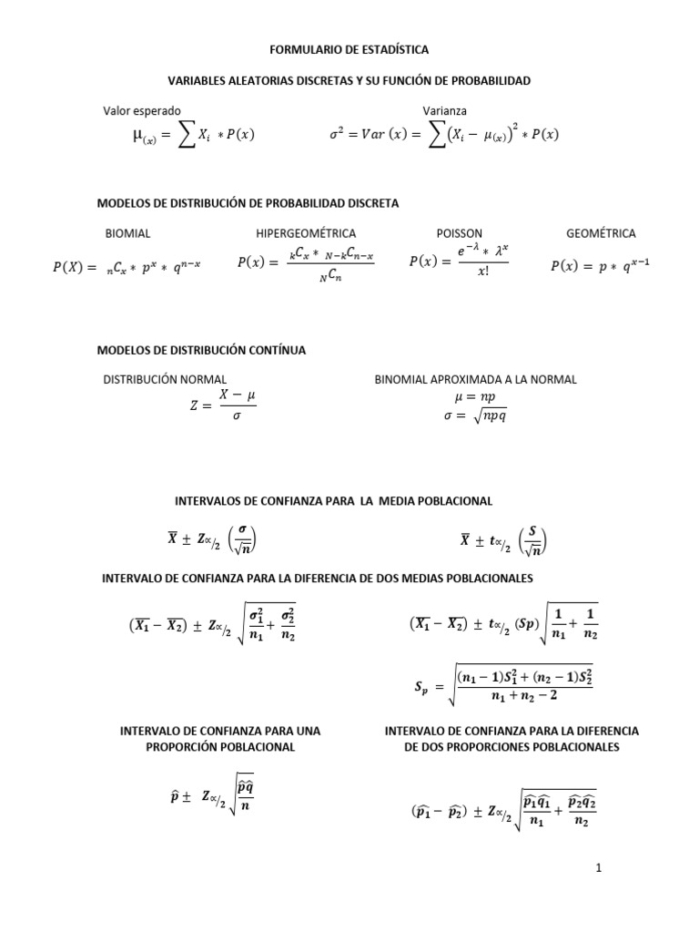 FORMULARIO Estadística | PDF | Intervalo de confianza | Distribución de probabilidad