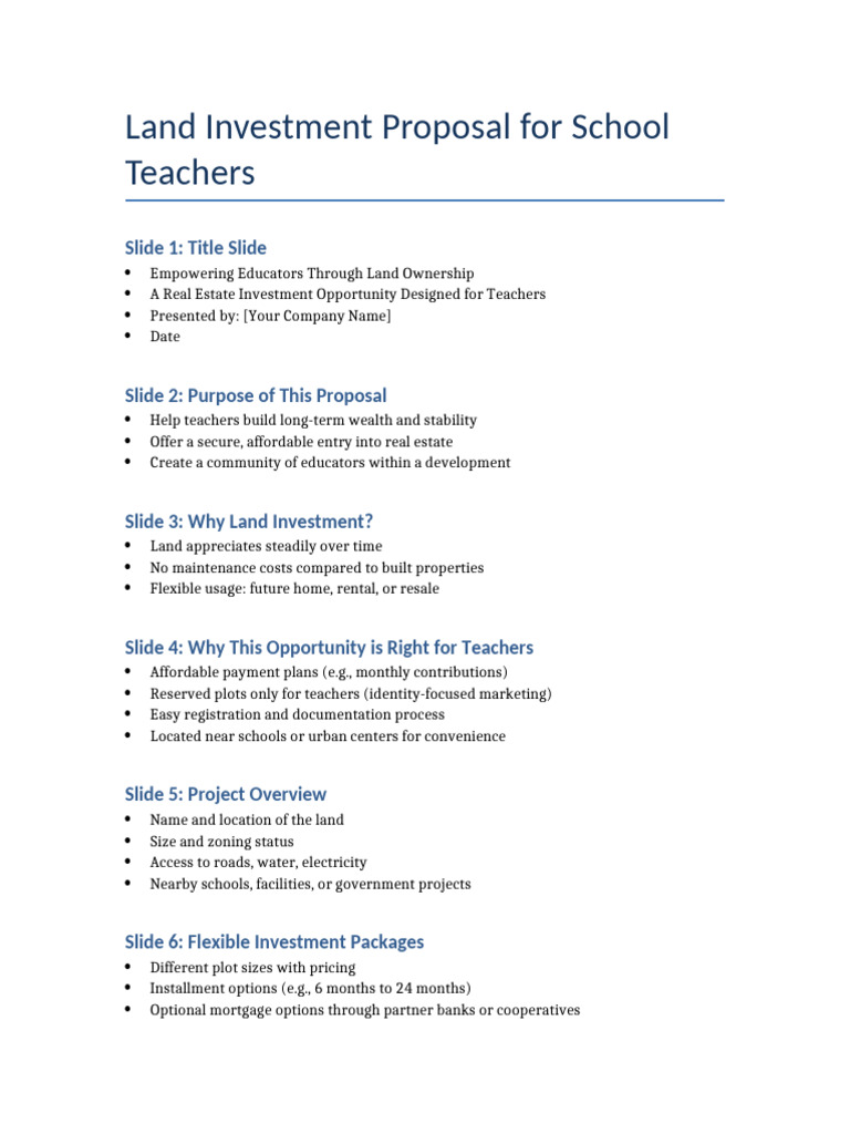Land Investment Proposal For School Teachers | PDF