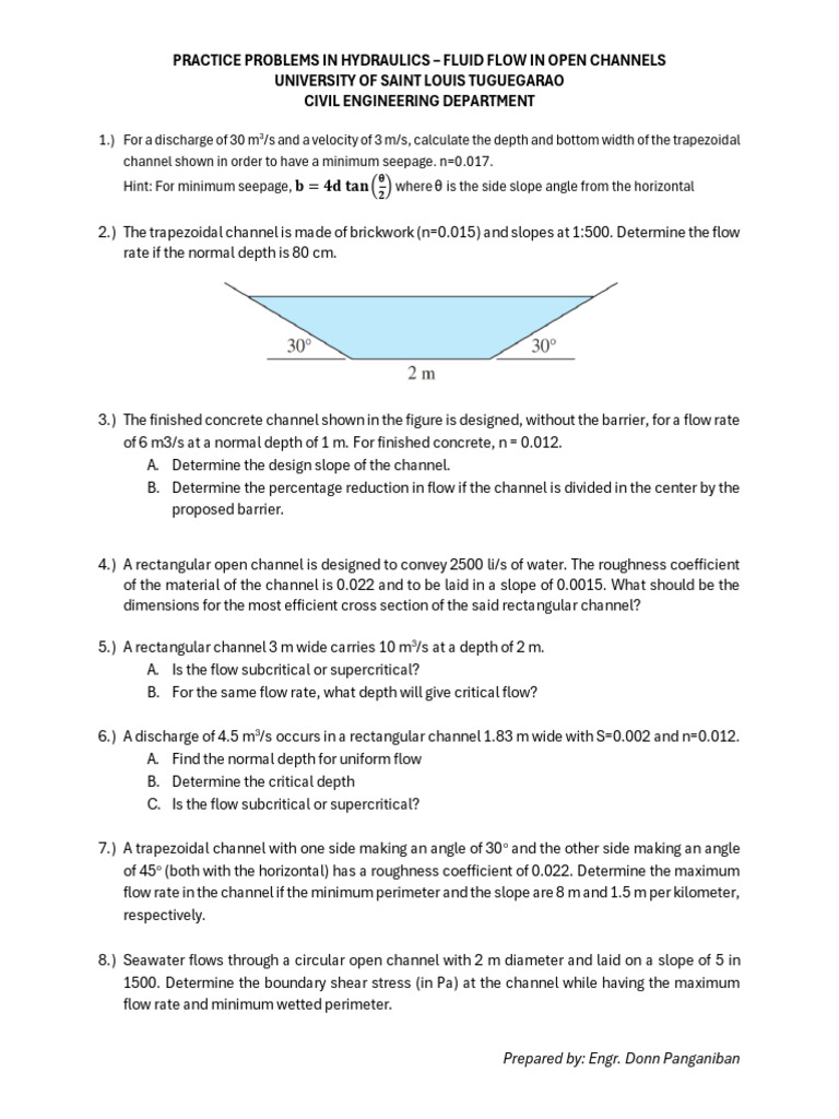 Practice Problems On Fluid Flow in Open Channels | PDF | Flow ...