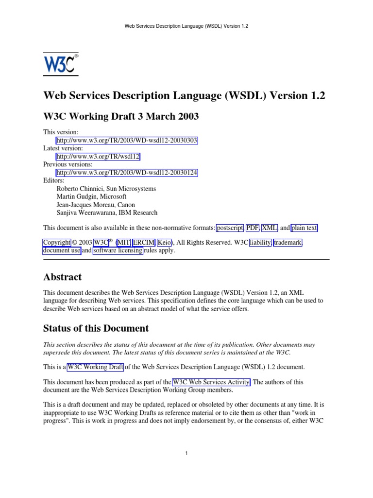 Web Services Description Language Wsdl Version 12 W3c Working Draft 3 March 2003 Pdf Xml