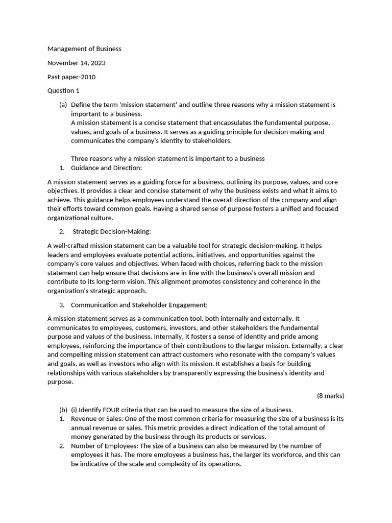 Management of Business- Past Paper (2010) | PDF | Partnership | Goal