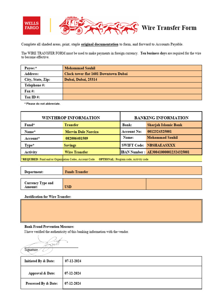 Wells Fargo Wire Transfer Form | PDF