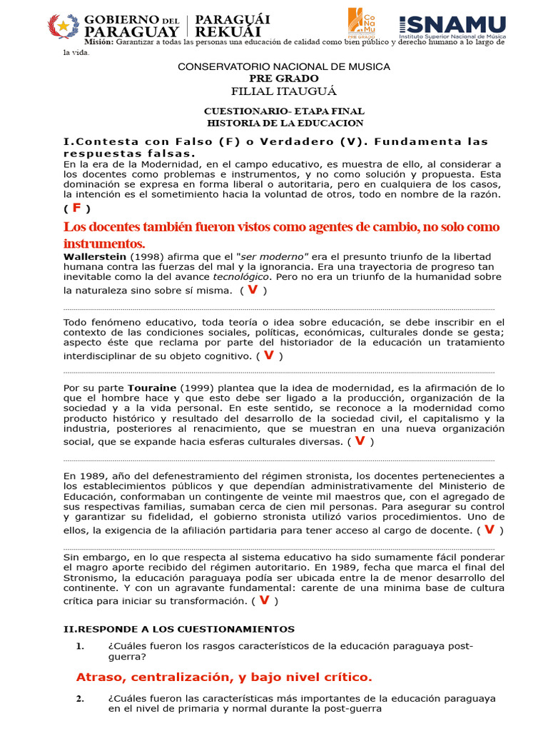 HISTORIA DE LA EDUCACIÓN CUESTIONARIO FINAL 2024 RodrigoPereira | PDF ...