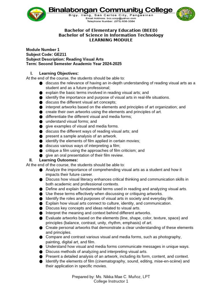 Module in Reading Visual Arts Revised | PDF | Composition (Visual Arts) | Semantics