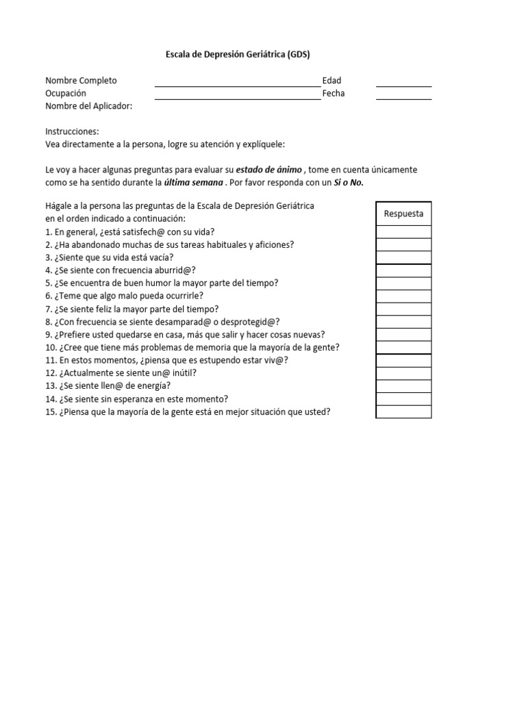 Escala de Depresión Geriátrica (GDS) | PDF | Depresión (estado de ánimo) | Sicología