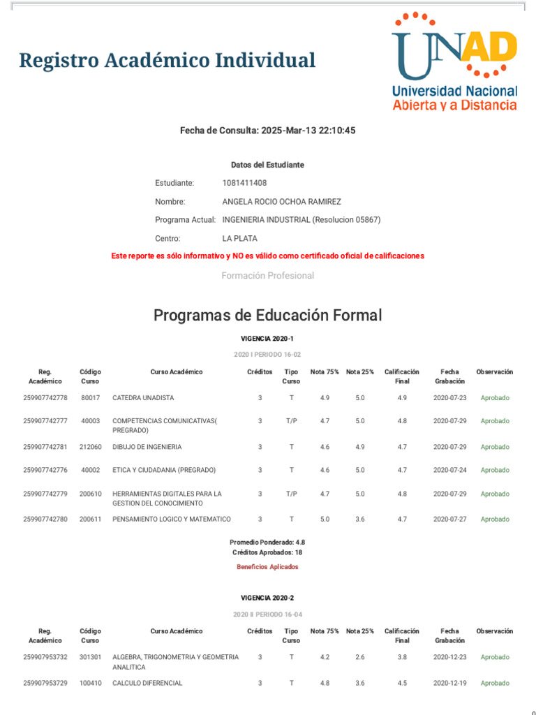 Registro Académico de Angela Ochoa | PDF