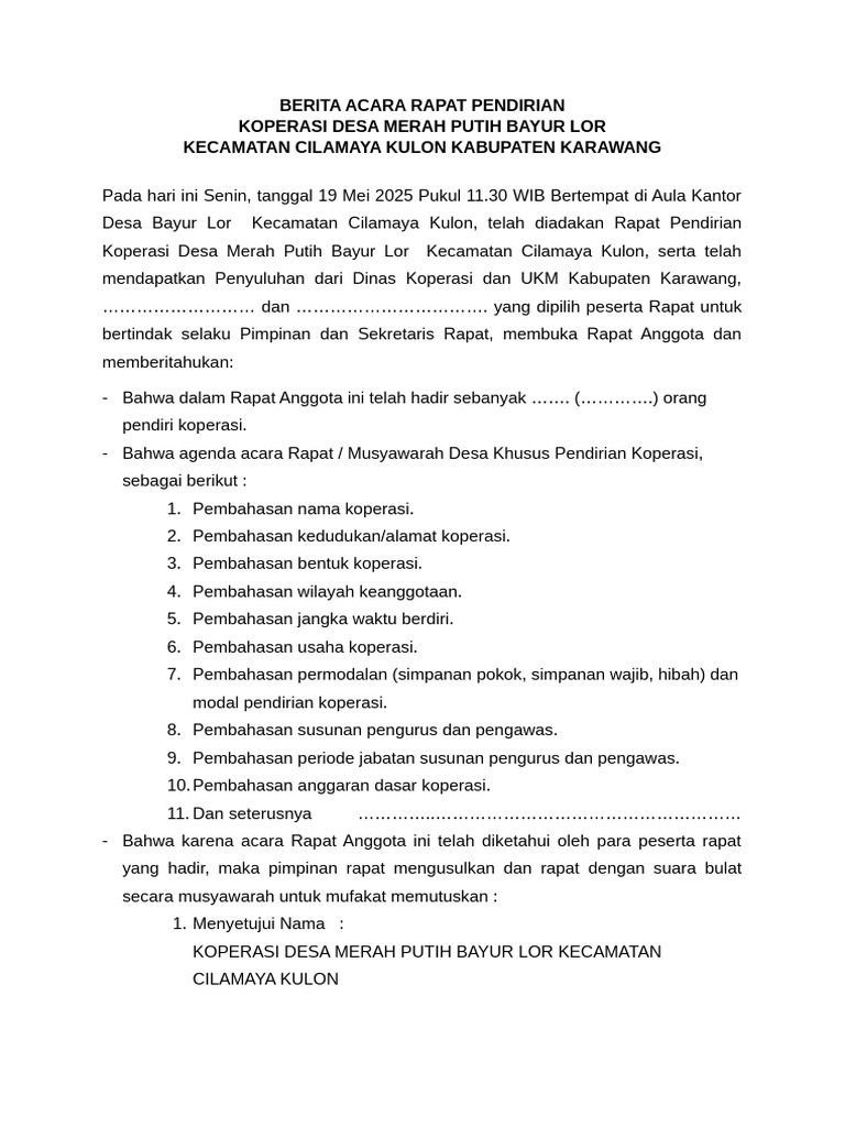 Berita Acara Rapat Pendirian Kopdes | PDF