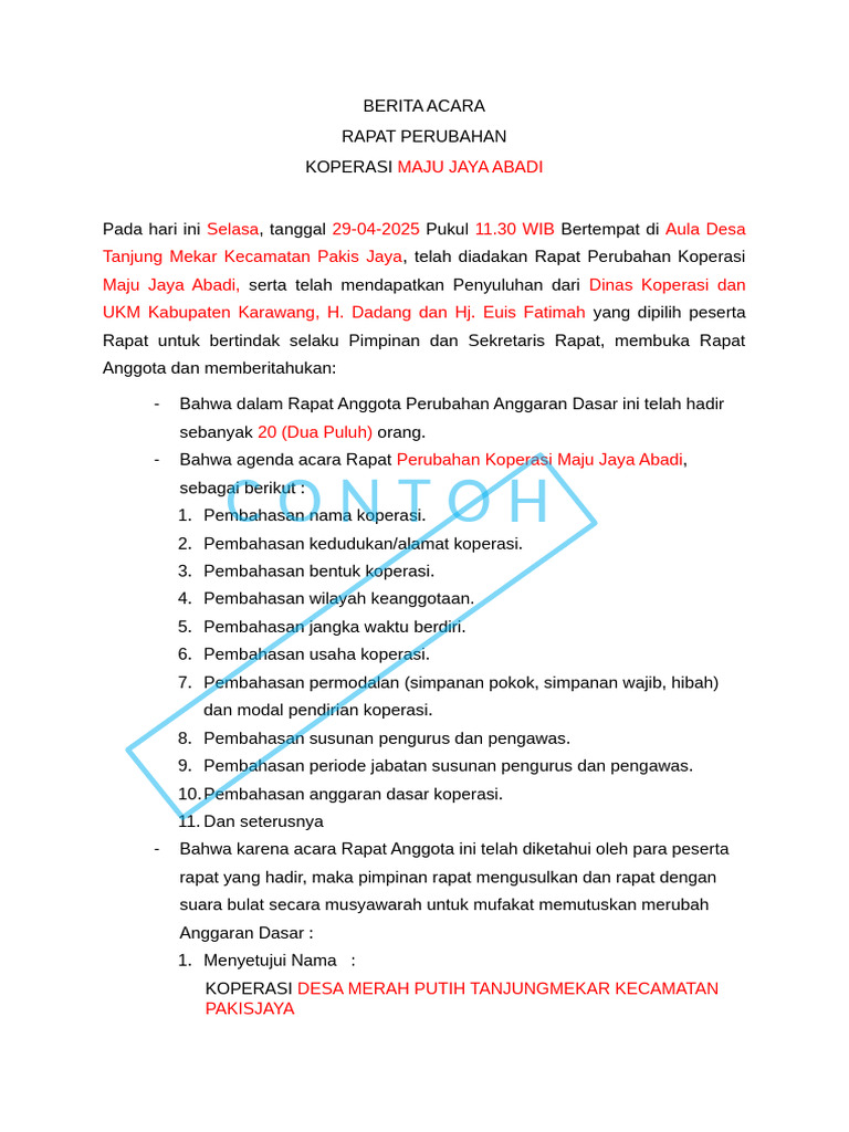 BERITA ACARA RAPAT PERUBAHAN ANGGARAN DASAR KOPDES | PDF