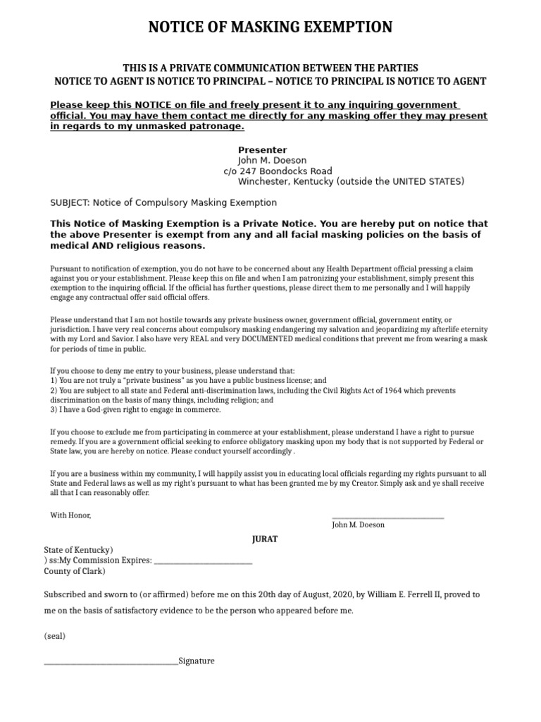 Masking Exemption Notice Template | PDF | Justice | Crime & Violence