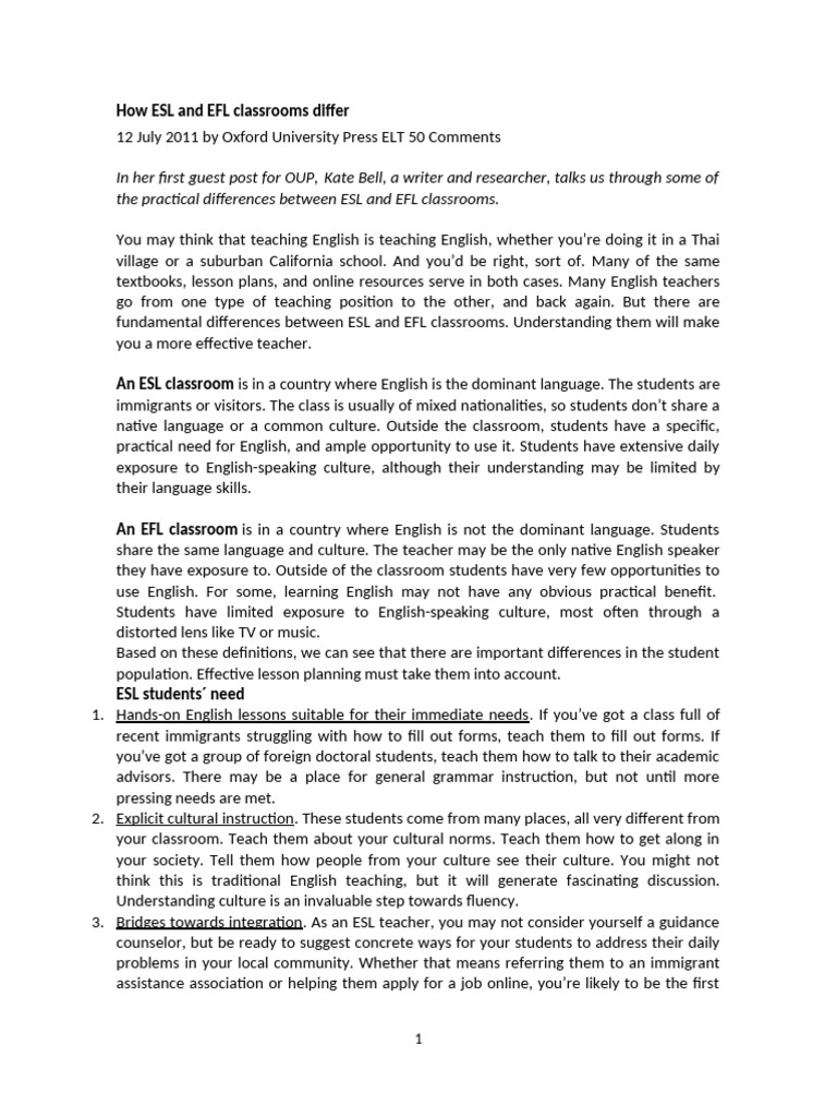 Differences Between ESL and EFL Classrooms | PDF | English As A Second ...