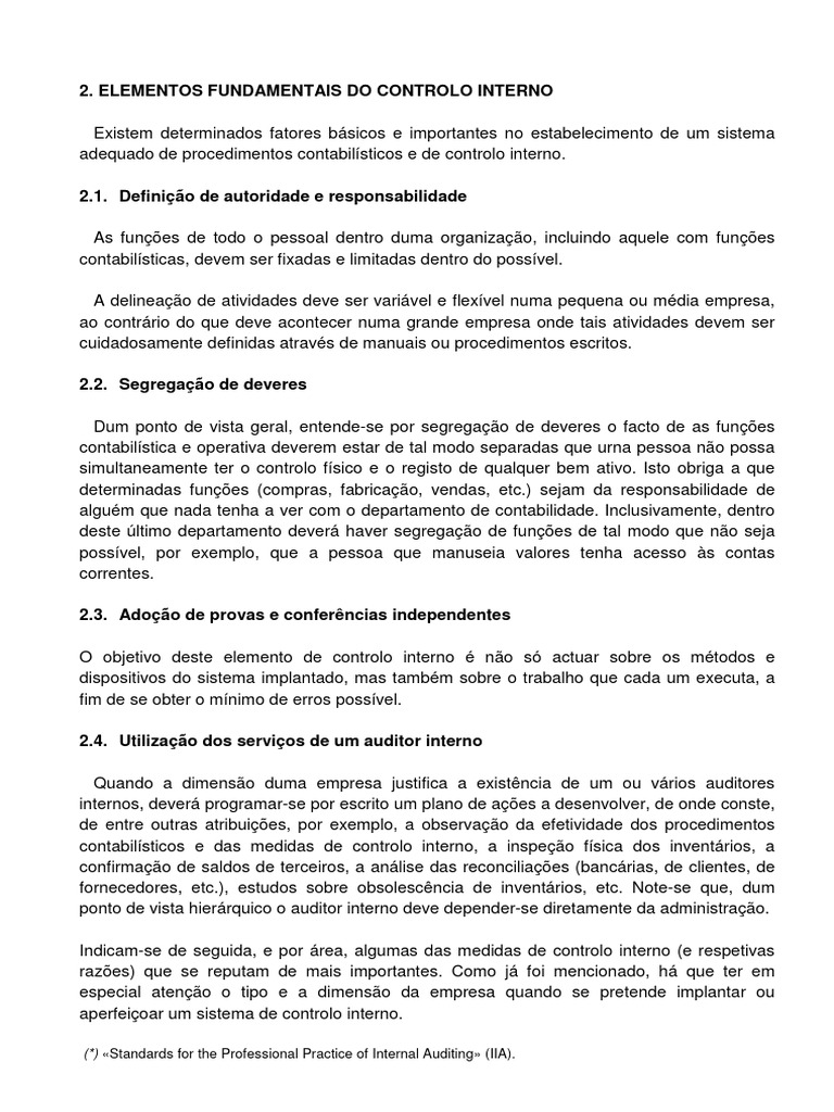 ELEMENTOS FUNDAMENTAIS DO CONTROLO INTERNO | PDF | Contabilidade