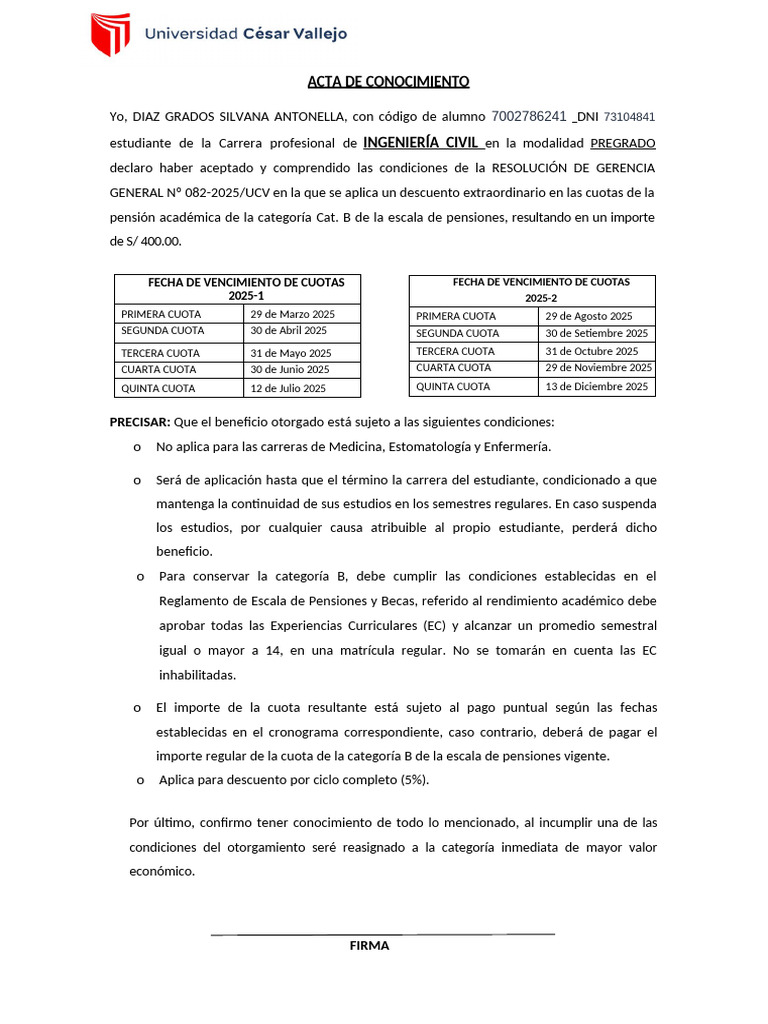 Acta Diaz Grados Descuento Reanudaciones 2025-1 Res. 082 | PDF