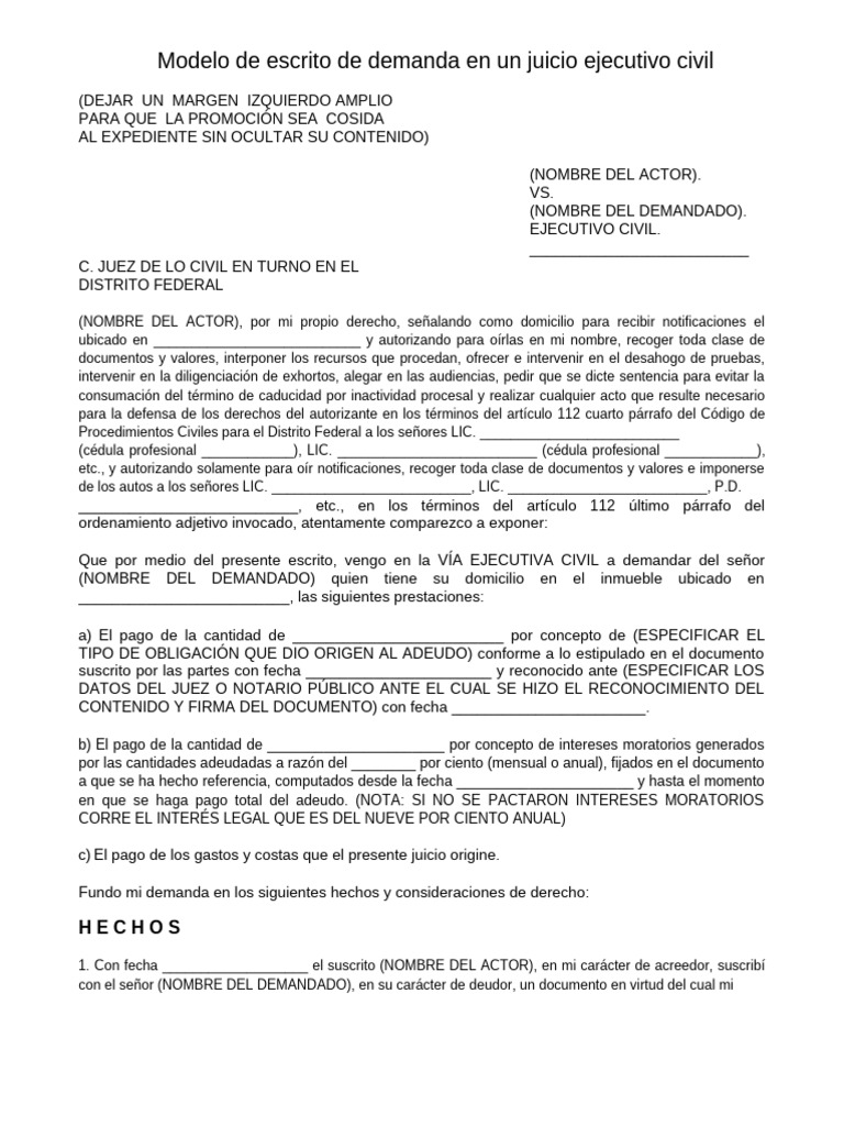 Escrito de Demanda en Juicio Ejecutivo Civil | PDF | Pagos | Demanda judicial