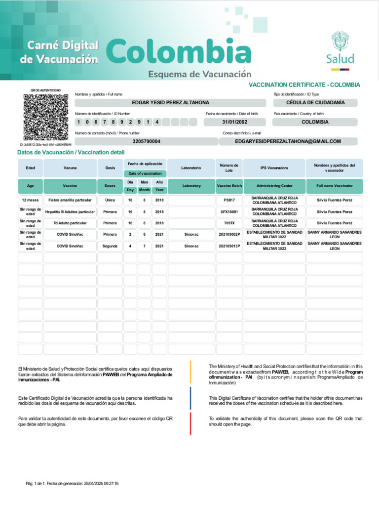 Vaccination Certificate - Colombia: Edgar Yesid Perez Altahona Cédula de Ciudadanía | PDF ...