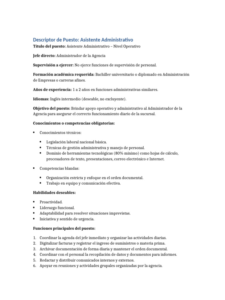 Descriptor Asistente Administrativo | PDF