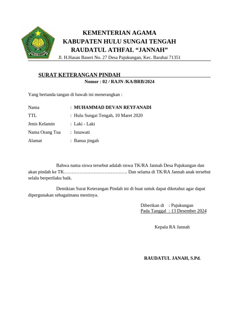SURAT KETERANGAN PINDAH DEVAN | PDF