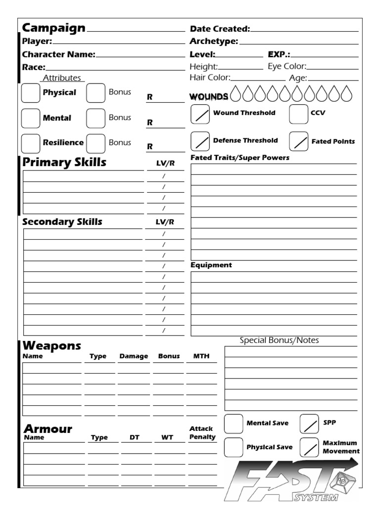 Fast Character Sheet Revised | PDF | Gaming | Role Playing Games