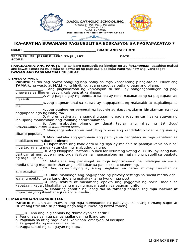 Esp 7 q4 Tqs With Tos Preliminary Examination | PDF