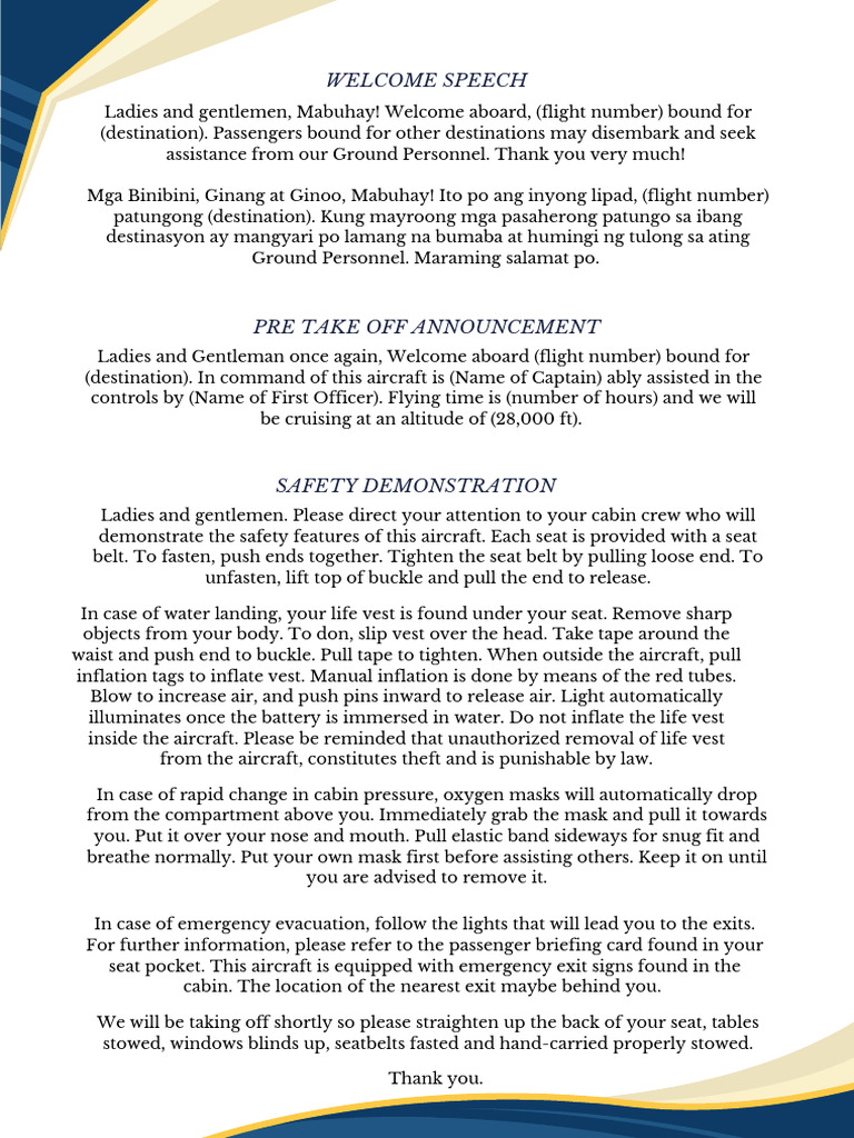 Flight Attendant Scripts | PDF | Seat Belt | Aviation