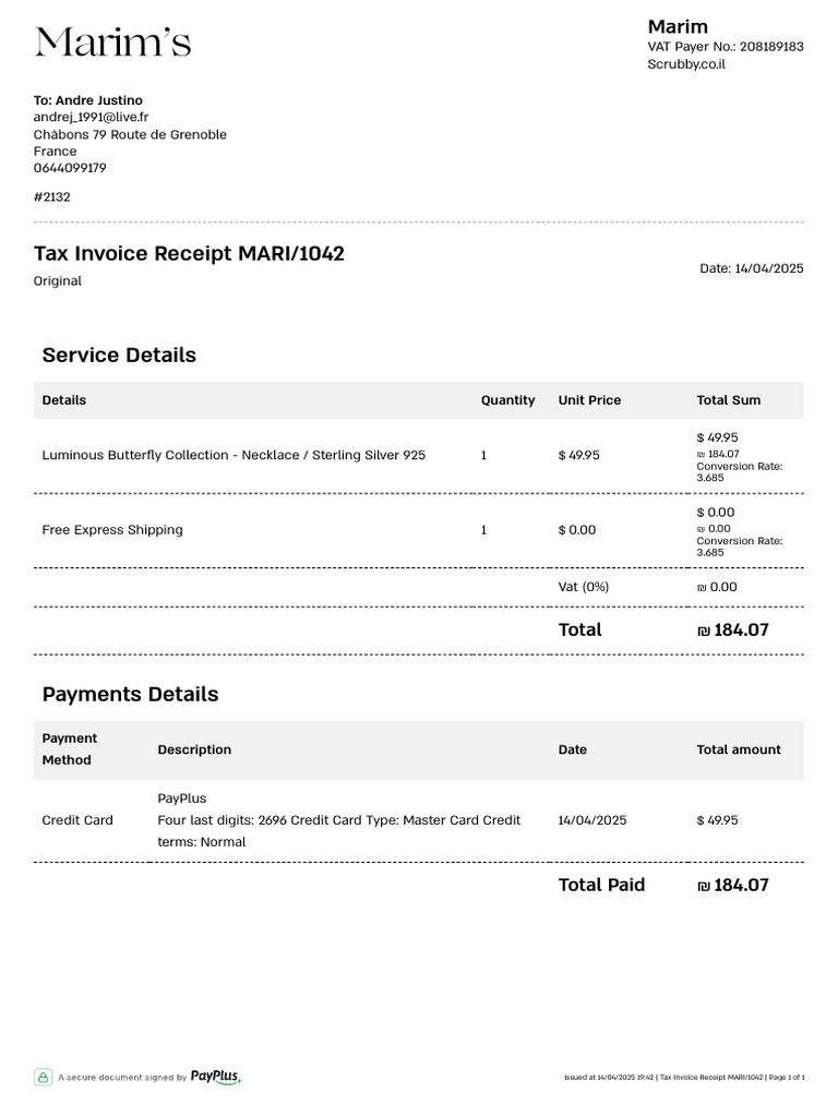 Tax Invoice Receipt Number 1042 - Andre Justino - 14.04.2025 | PDF ...