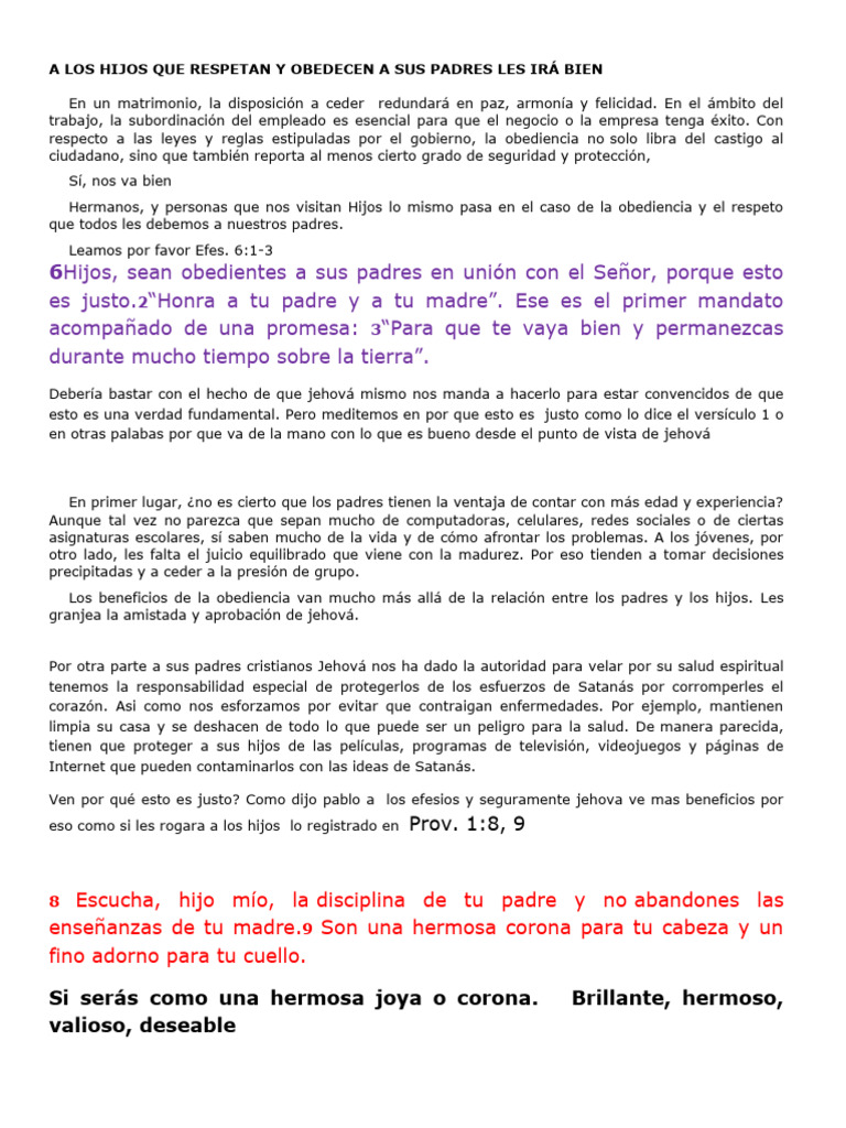 A Los Hijos Que Respetan Y Obedecen A Sus Padres Les Irá Bien Pdf