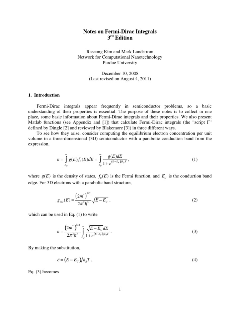 Fermi-Dirac Integrals Overview and Functions | PDF | Integral ...