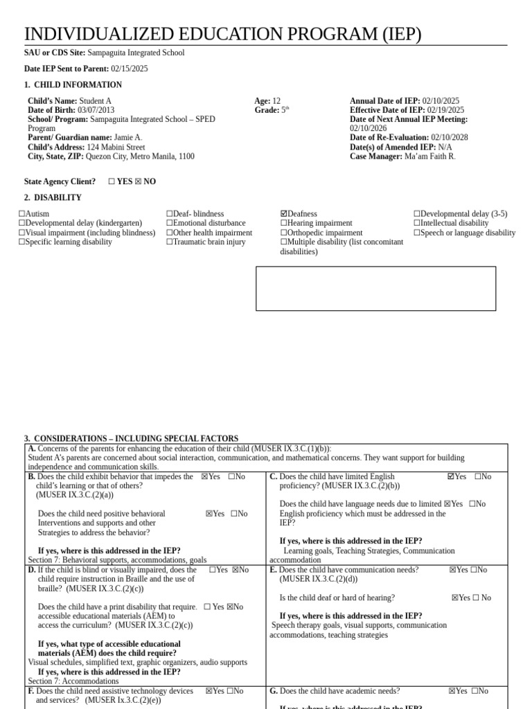 IEP for Student A with Deafness | PDF | Individualized Education ...