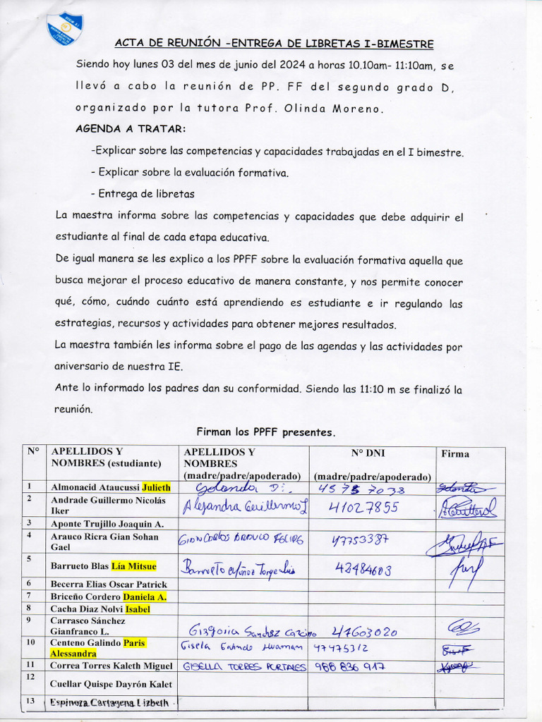 Acta de Reunion 2do Grado D-LIBRETAS | PDF