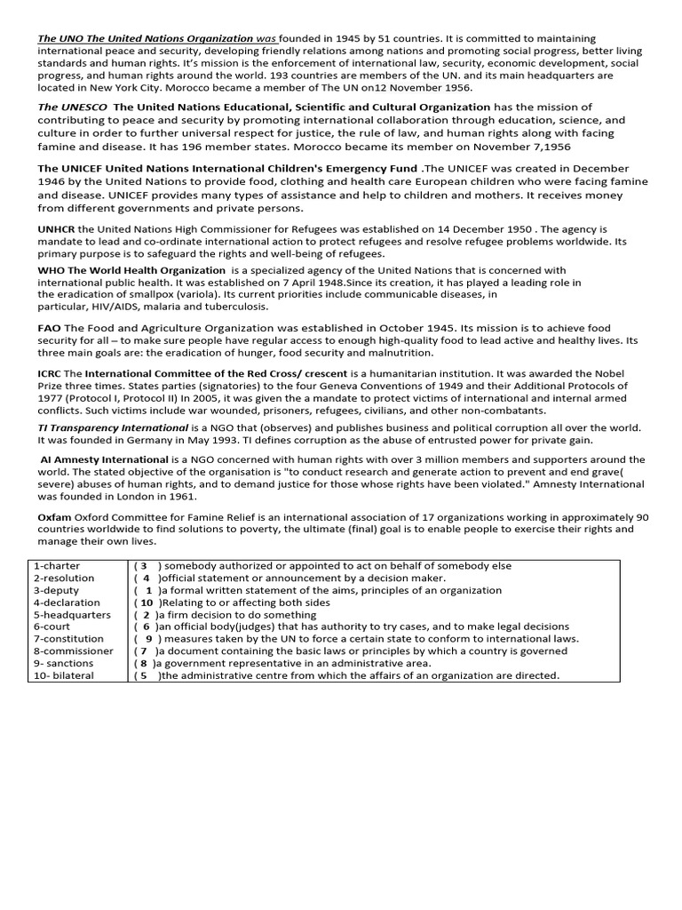 UNIT 8 International Organi - Key Ans | PDF | International Committee ...