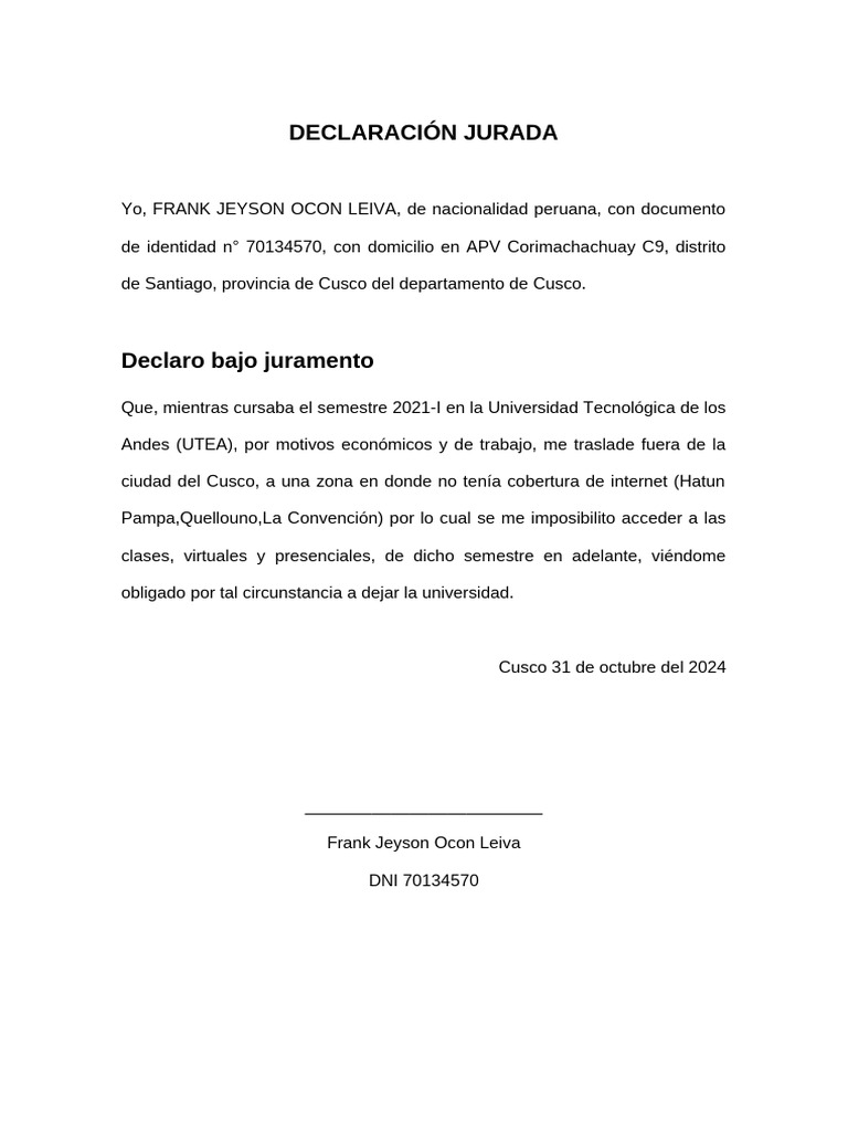 Declaración Jurada | PDF