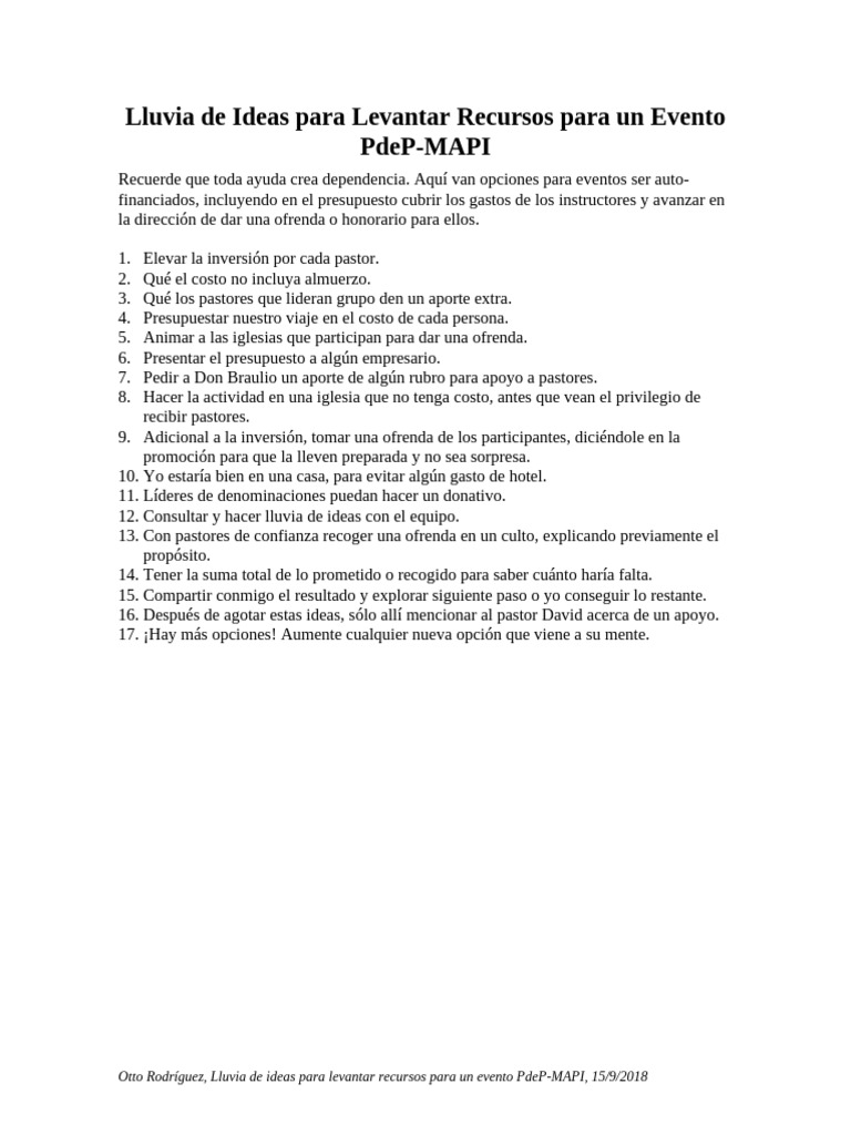 Lluvia de Ideas para Levantar Recursos para Un Evento PdeP-MAPI | PDF