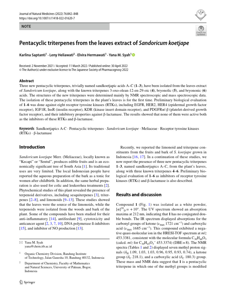 Pentacyclic Triterpenes From The Leaves Extract of Sandoricum ...