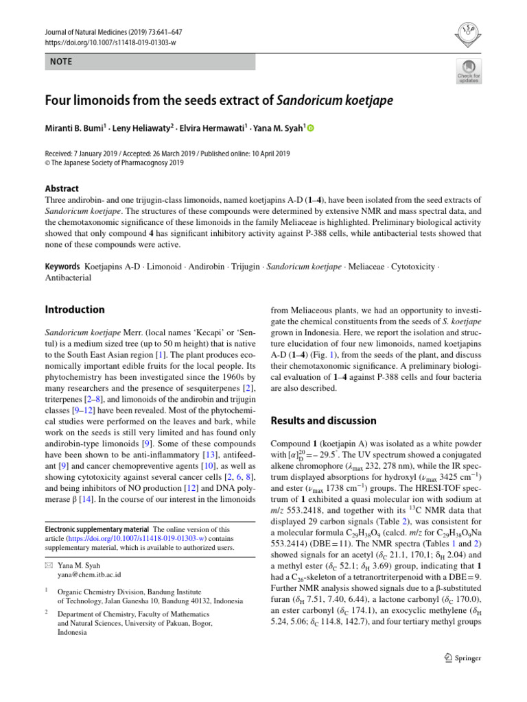 Four Limonoids From the Seeds Extract of Sandoricum KoetjapeJournal of Natural Medicines | PDF ...