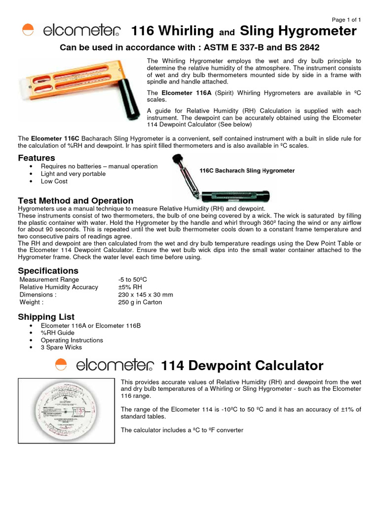 Elcometer 116 Bacharach 116c Whirling Sling Hygrometers Data Sheet NF ...