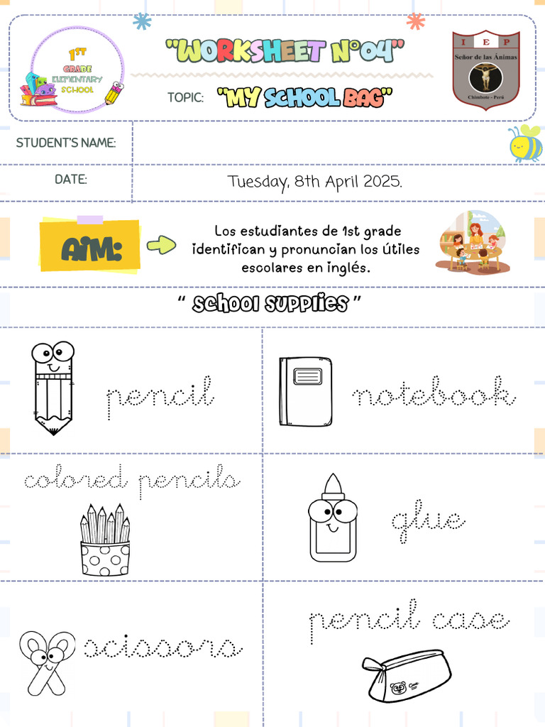 1st GRADE - WORKSHEET N°04 - My School Bag | PDF