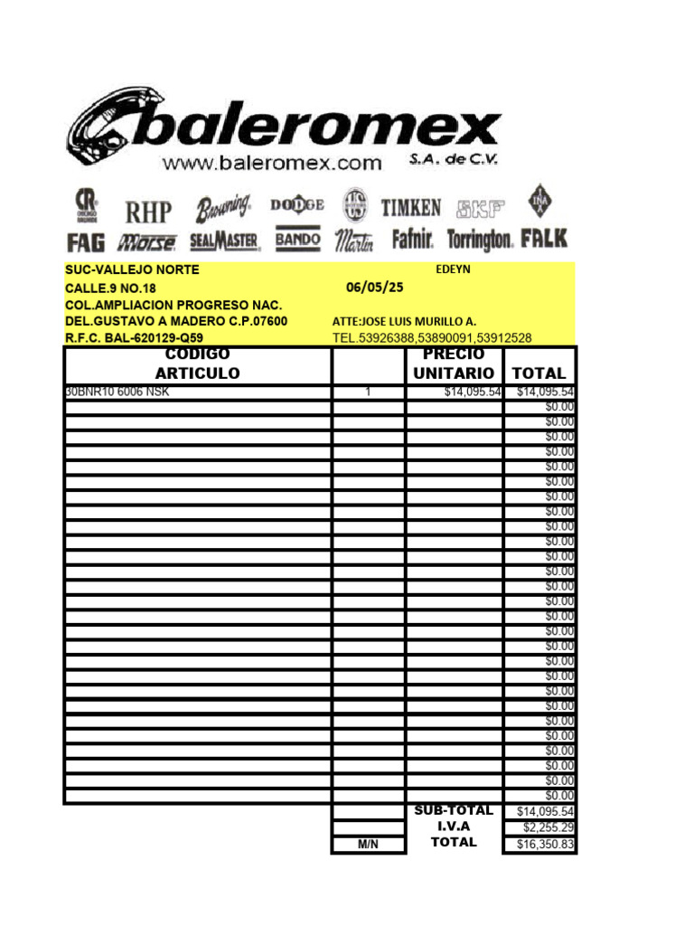 Hoja para Cotizar Baleromex1 | PDF