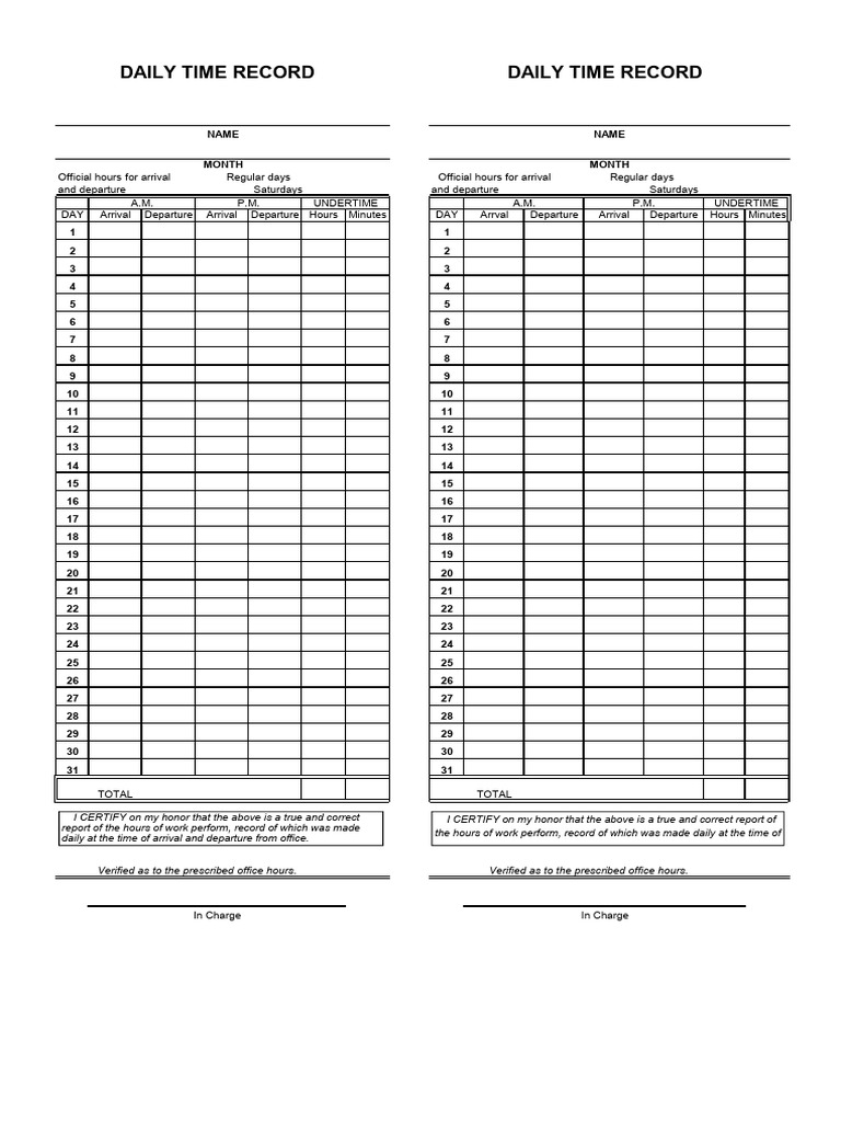Daily Time Record Daily Time Record: Name Name Month Month | PDF
