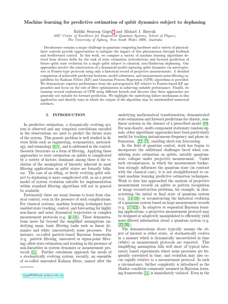 Machine learning for predictive estimation of qubit dynamics subject to dephasing | PDF | Kalman ...