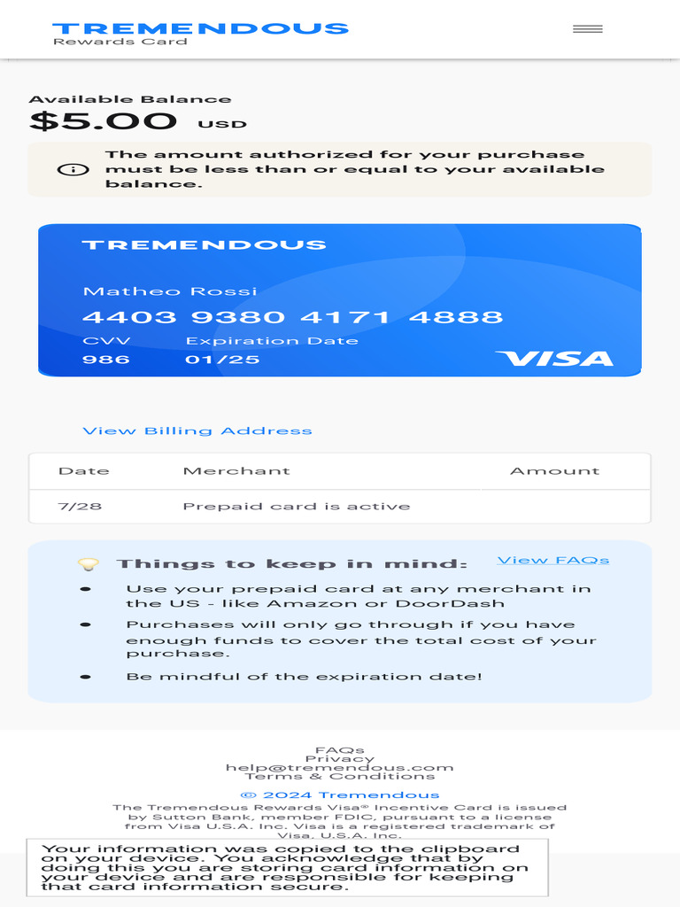 Tremendous Visa Card Balance Info | PDF
